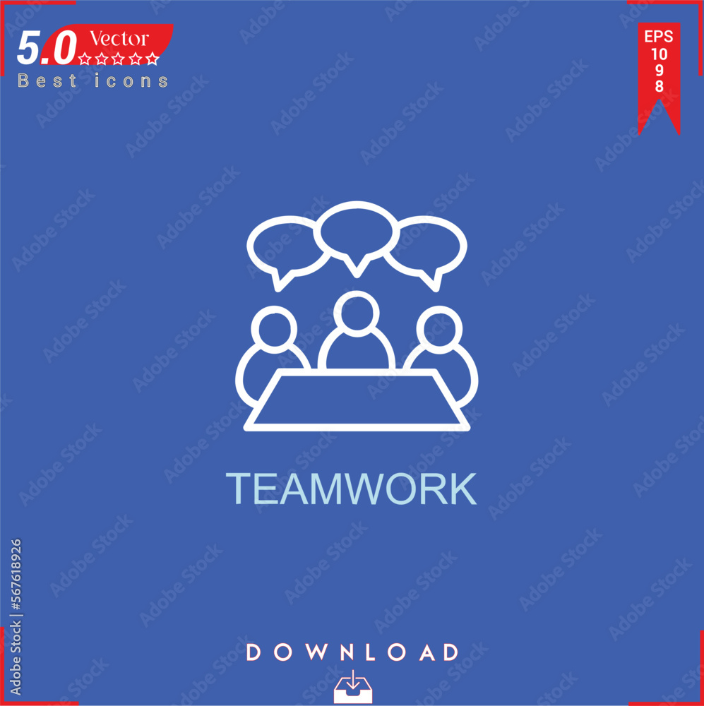 TEAMWORK icon vector on blue background. Simple, isolated, flat icons ...