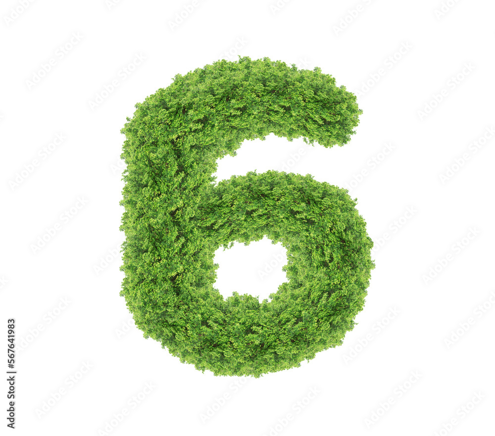 Grass number Six isolated on white background. Symbol 6 with the green ...