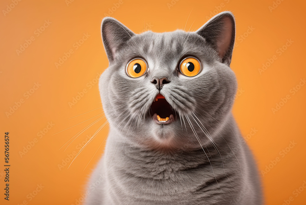 Funny british shorthair cat portrait looking shocked or surprised on orange background ...