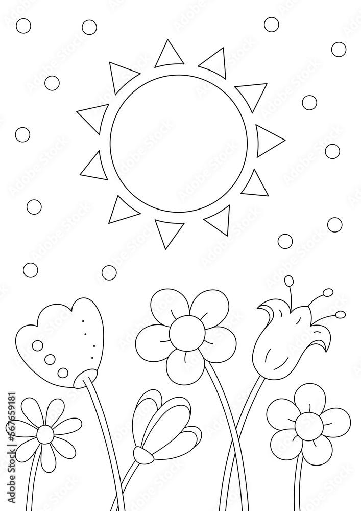 spring flowers and sun coloring page. you can print it on a4 paper ...