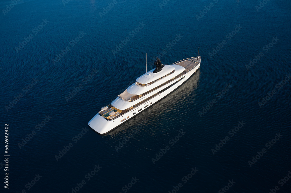 White mega yacht at sunset top view. Large innovative modern yacht ...