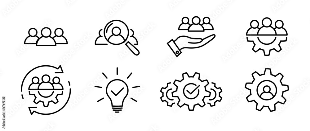 Business thin line icon set. Teamwork process symbols in flat. Customer ...