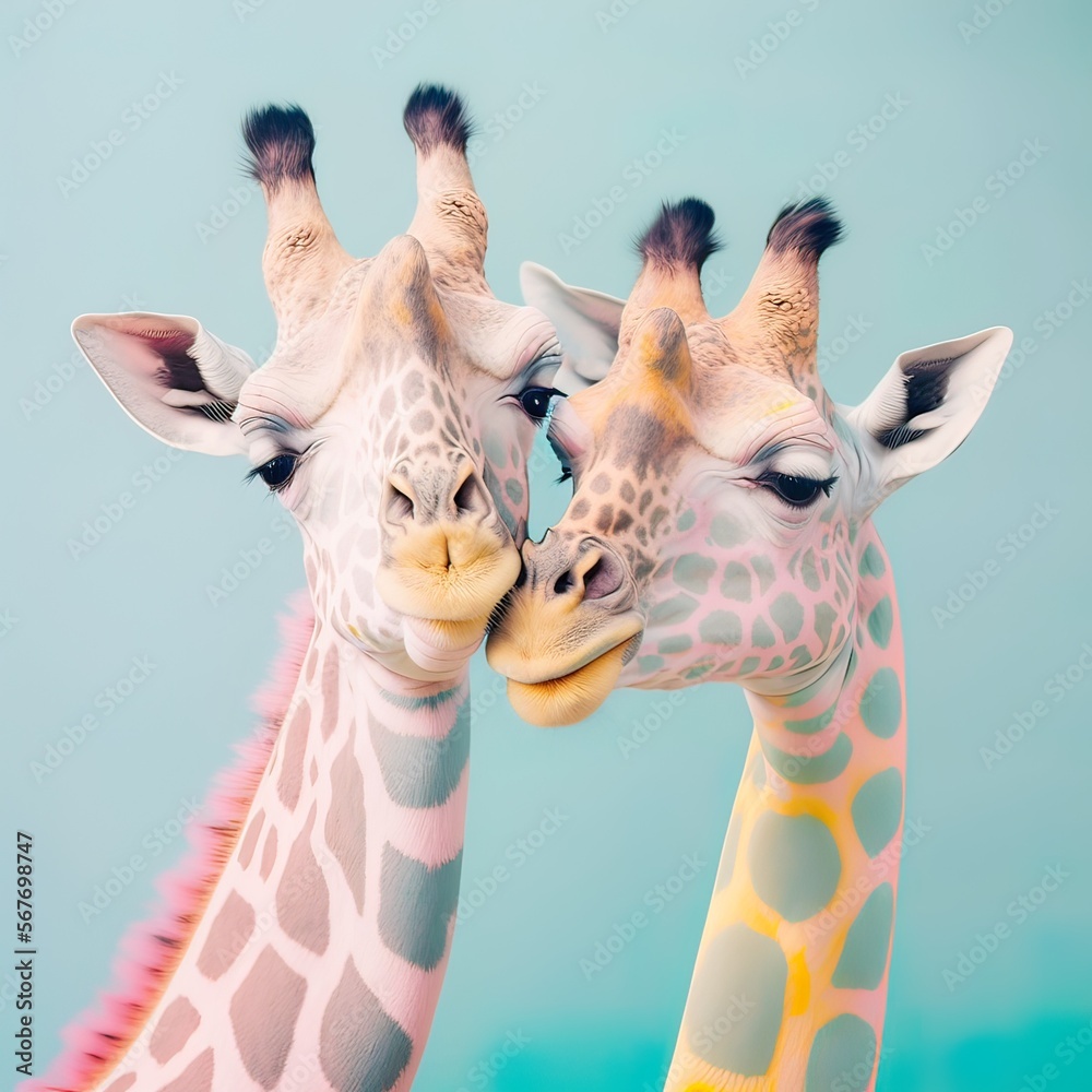 Animal tender, romantic love, pastel background. Baby giraffes hug and ...