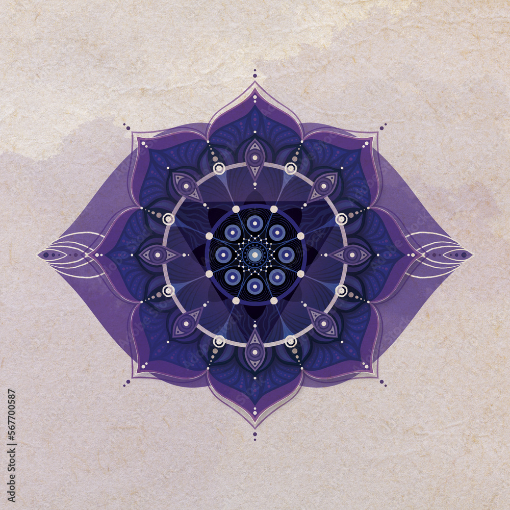 Ilustración de Stock Tercer ojo mandala ajna sexto chakra morado índigo ...