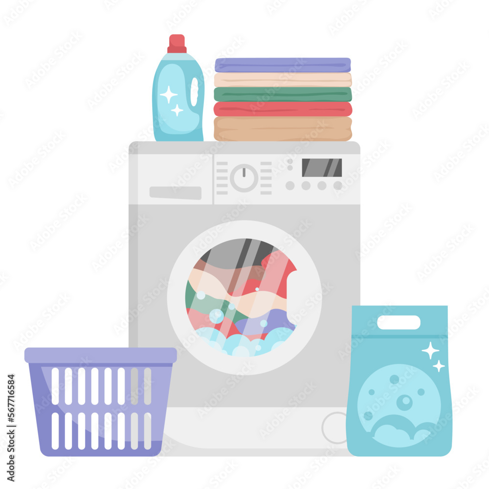 The process of washing clothes in a washing machine. Laundry Vector ...