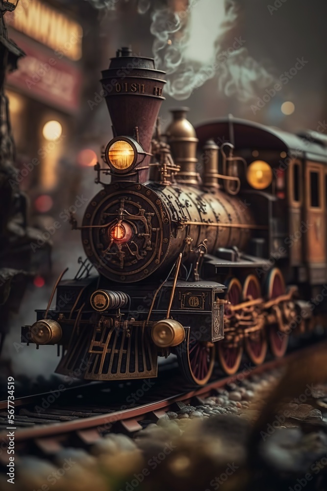 Railway Station with an old train and clouds of smoke. Tilt shift ...