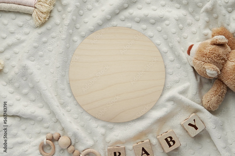 Round wooden disc mockup for baby birth announcement sign, baby name ...
