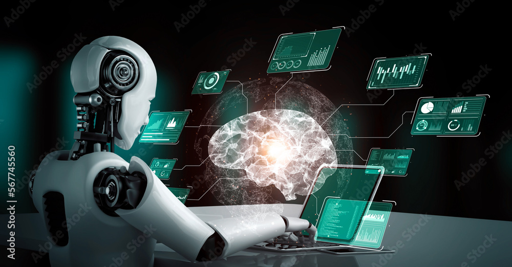 Robot hominoid use laptop and sit at table for big data analytic using ...