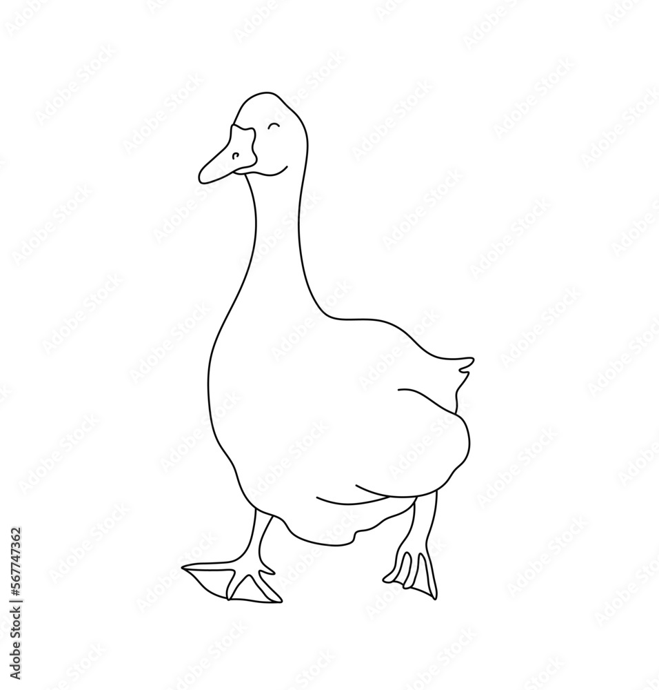 Vector isolated one single cute cartoon funny goose colorless black and ...