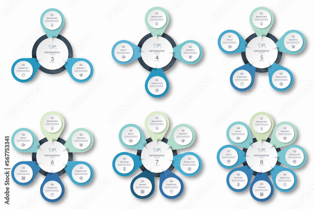 Set of infographic cycle diagrams with 3, 4, 5, 6, 7, 8 steps. Can be ...