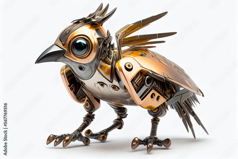 Combat bird robot in metal armor, illustration. Animal of the future ...