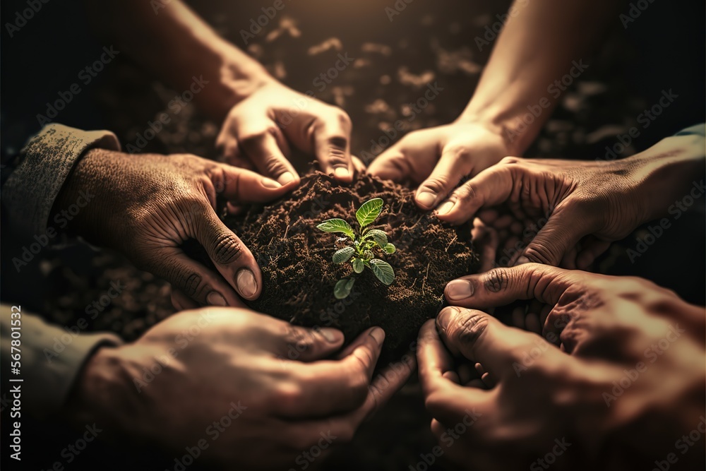 agriculture teamwork. farmers team hands plant a small plant in the ...
