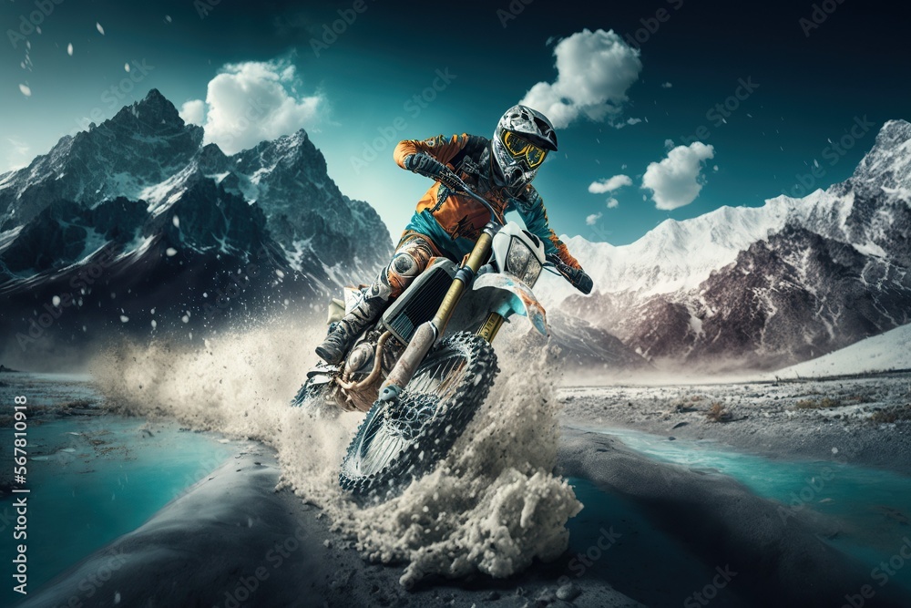 Extreme Motocross MX Rider riding on dirt water track ,snow mountains ...