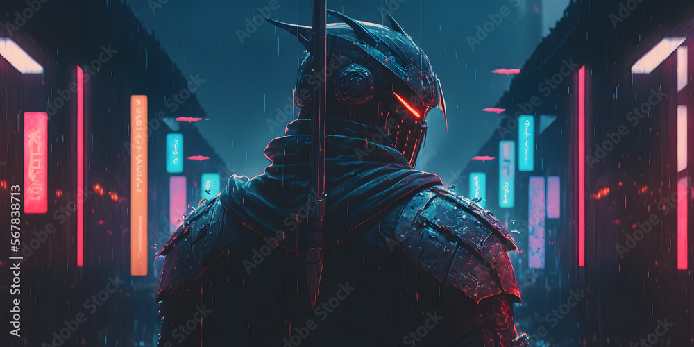 futuristic samurai standing in cyberpunk city at night, neon lights ...