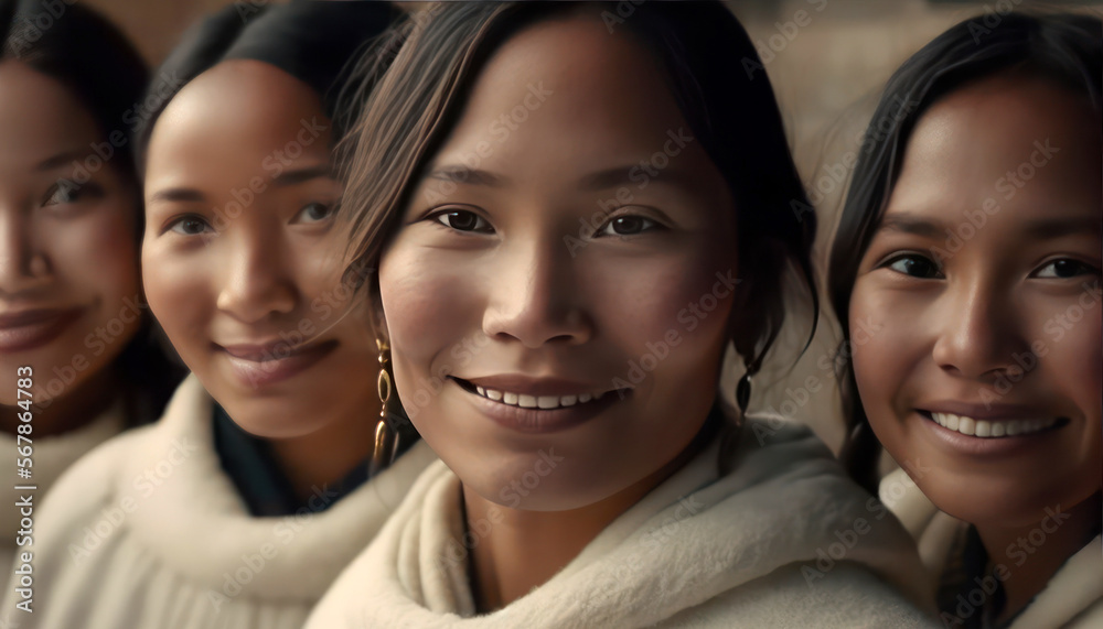 group of beautiful attractive Inuit young women looking at the camera ...