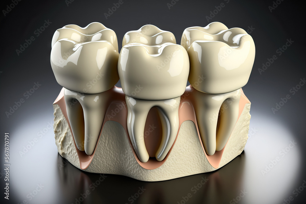 Three tooth dental bridge covering the molar and premolar. A realistic ...