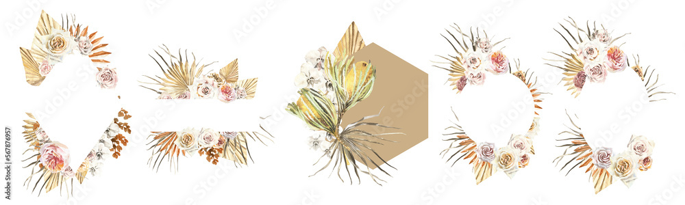 Watercolor boho gold dried flowers frames illustration set. Composition ...