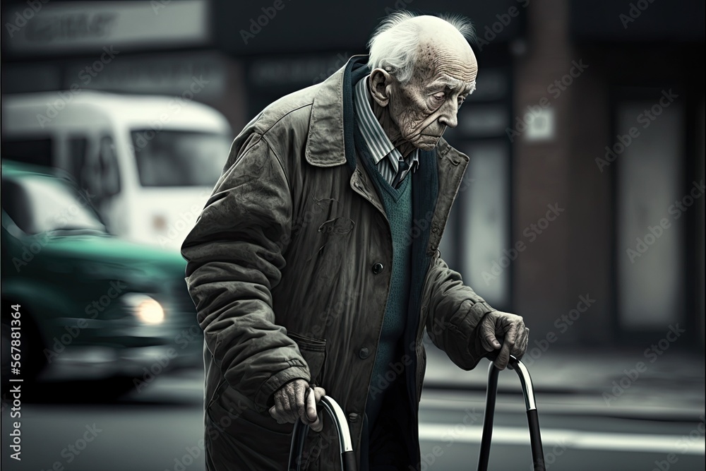Slowly Walking Old Man with Cane on Busy Street, AI Generative ...