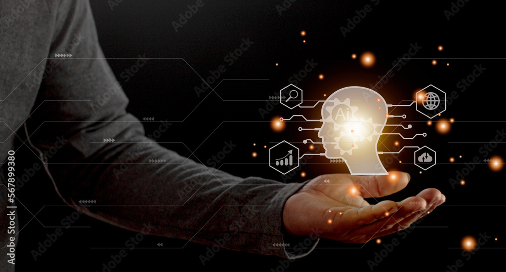 Businessman using light bulbs icon intelligence Ai. Chat bot with AI ...