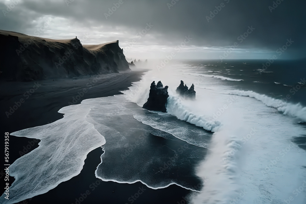 Reynisfjara Vik in Iceland is a black sand beach with enormous waves ...