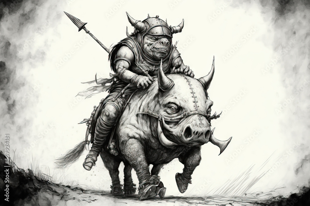 Orc riding a pig. Imaginative pencil sketch. Illustration of a ...