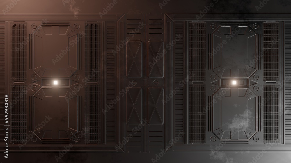 Metal corridor grating entrance hall scene 3d rendering sci-fi ...