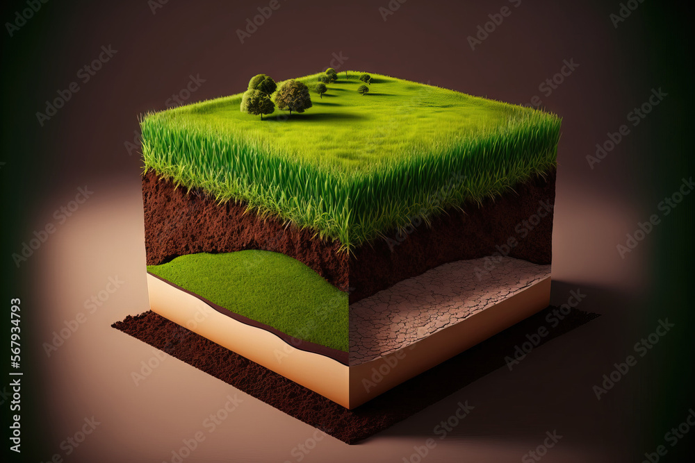 cutaway landscape surface with mud and an isolated field in a cubical ...