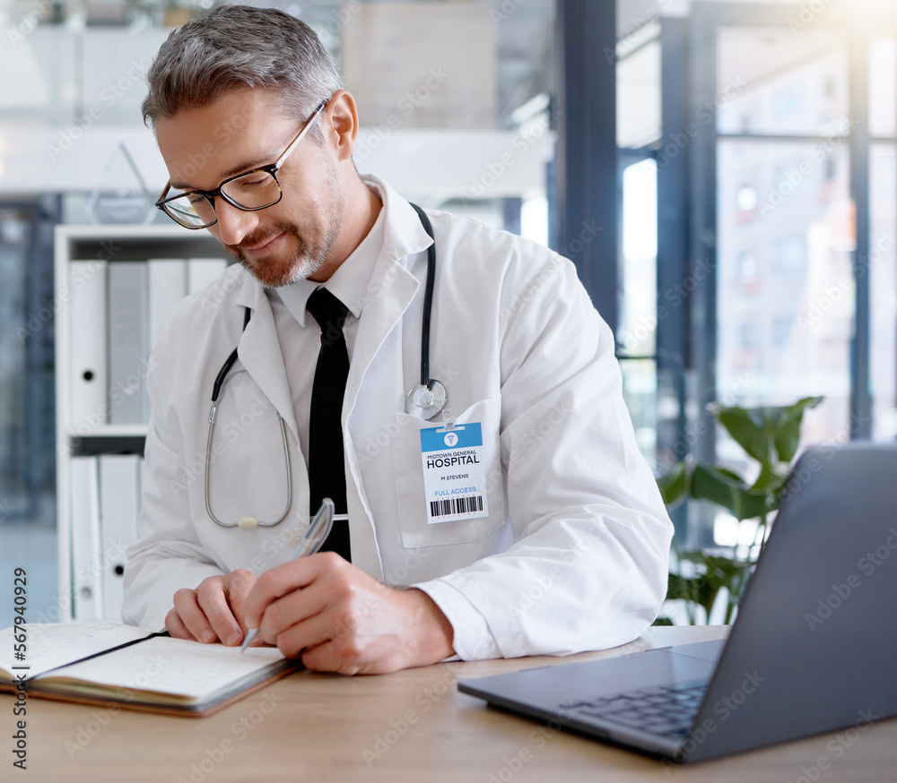 Writing notes, healthcare and doctor working on research, telehealth ...