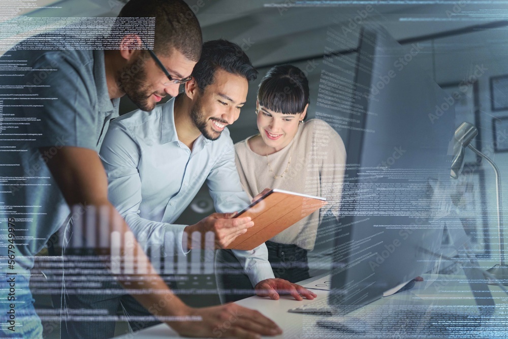 Business People Coding And Information Technology With Computer Screen And Tablet Programming