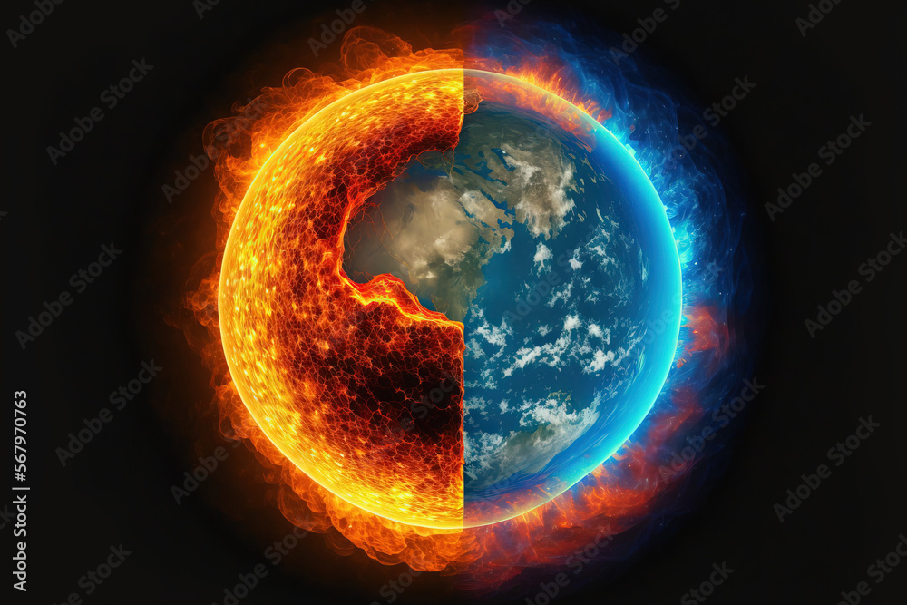 climate change Sun and Earth. Concept of a global disaster includes the ozone hole, solar flares ...
