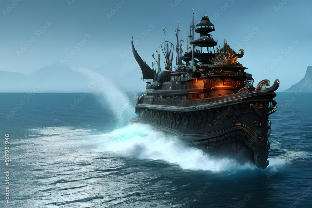 Ship in the sea, fantasy style Sea Ship, dark ocean background ...
