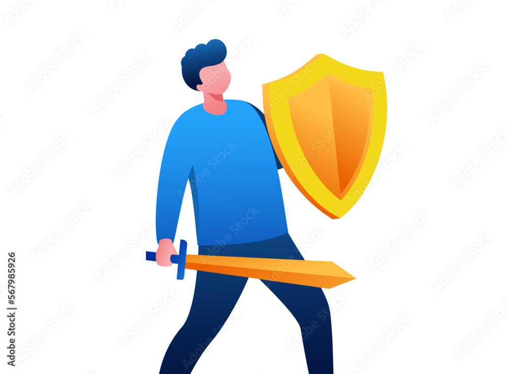Men holding shield and sword. warrior concept. Flat cartoon style ...