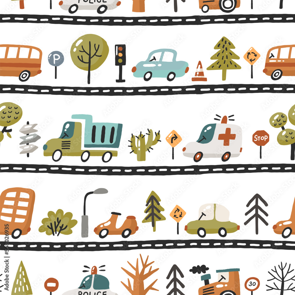 Cartoon cars and city road map. Cute childish vector seamless pattern ...