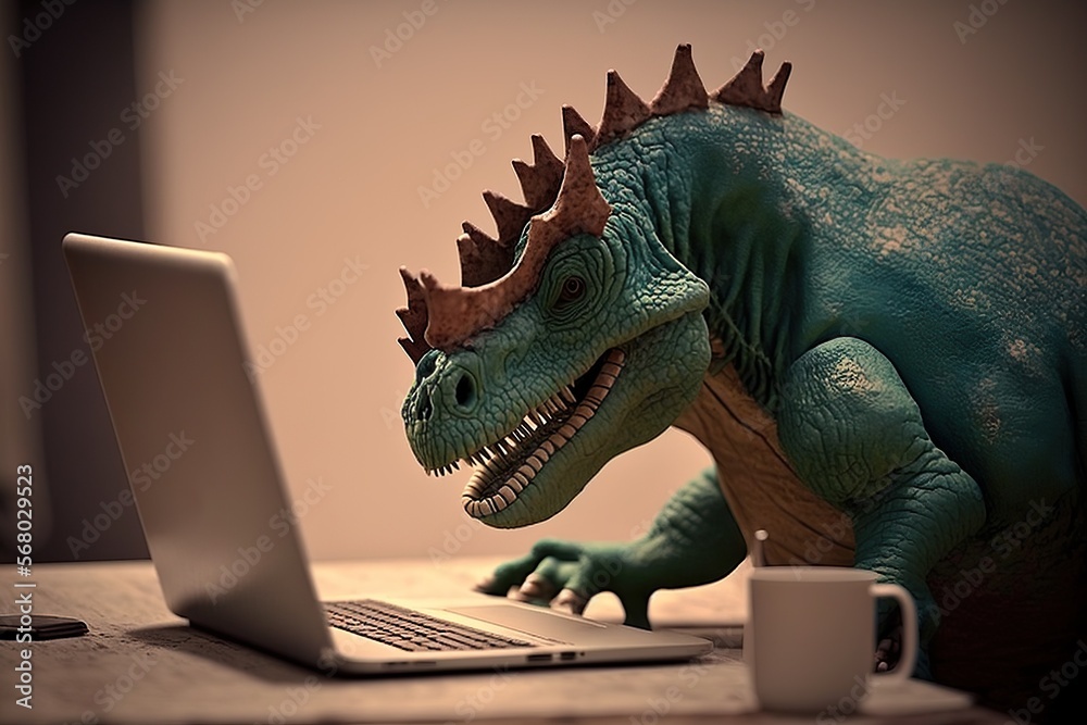 Dinosaur using computer, concept of Robotics and AI, created with Generative AI technology Stock ...