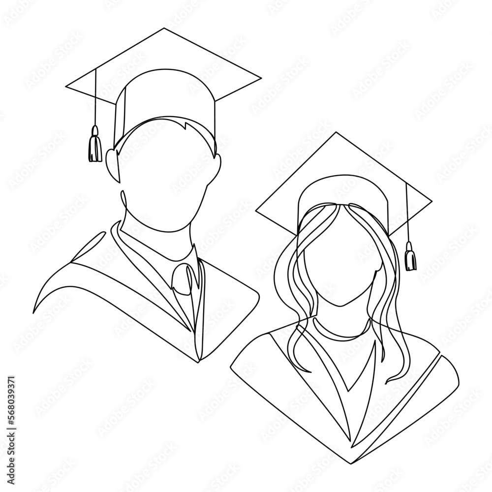 Line art Students graduates in square academic caps sketch drawing ...
