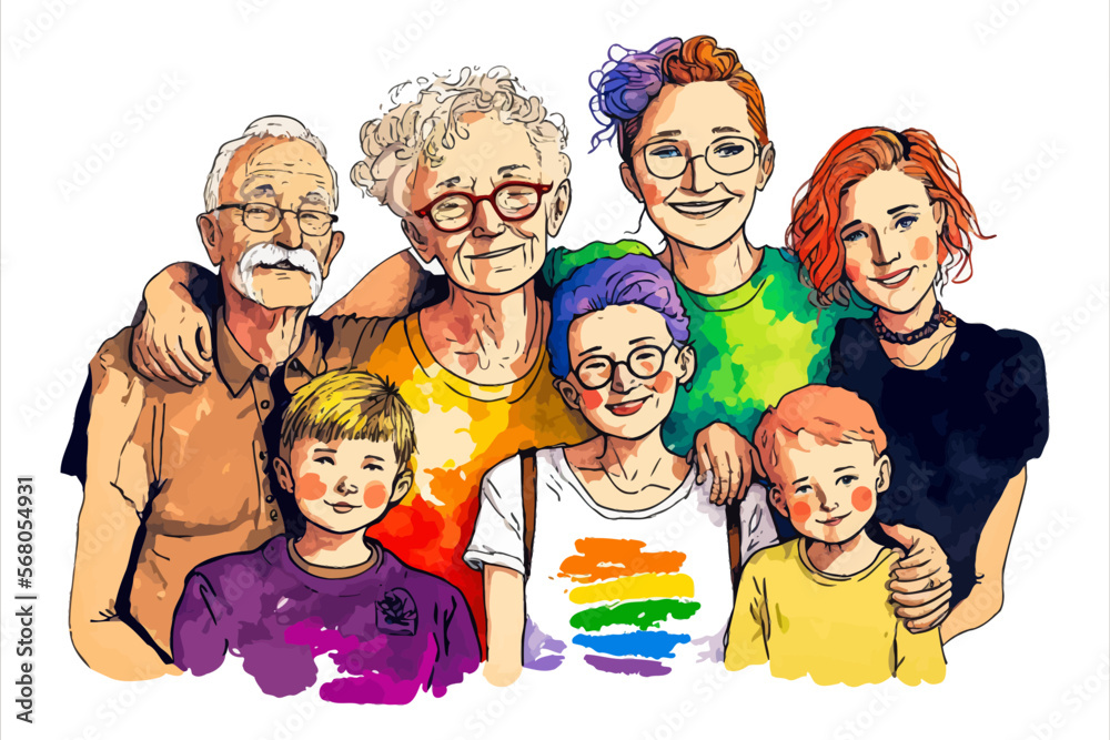 Multi-generational family group representing lesbian couples. Vector ...