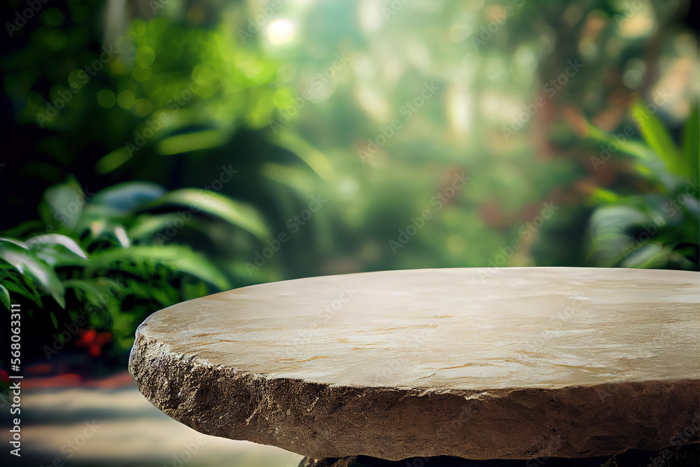 Empty stone table for product advertising display in fresh green jungle ...
