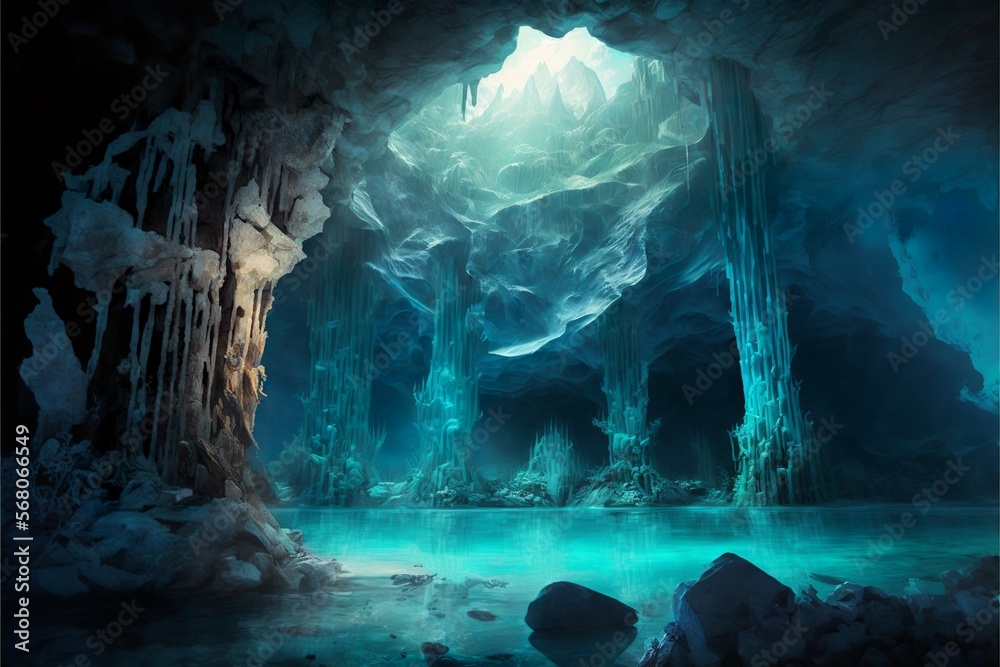 Deep blue frozen crystal cave system under the sea with ice pillars ...