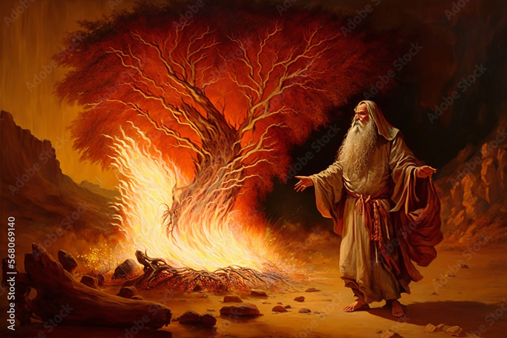 Moses and the Burning Bush. Conceptual Christian art Stock Illustration ...