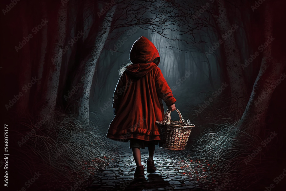 Little red riding hood in the deep dark woods at night - created with ...