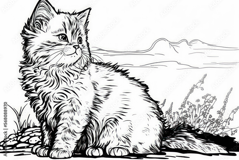 Outline of a fluffy cartoon cat coloring page. Children's coloring book ...