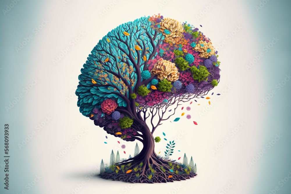 Ilustração Human brain tree with flowers self care and mental health ...