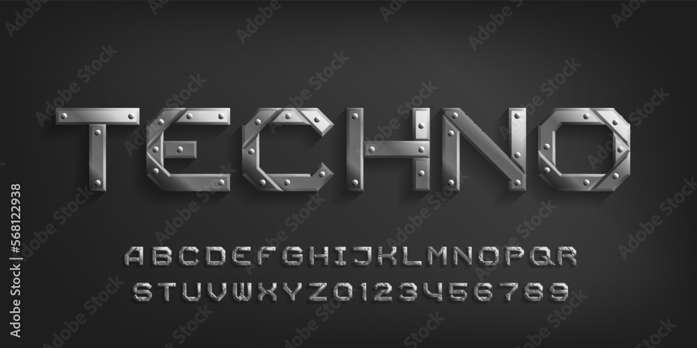 Techno alphabet font. Metal letters and numbers with rivets. Stock ...