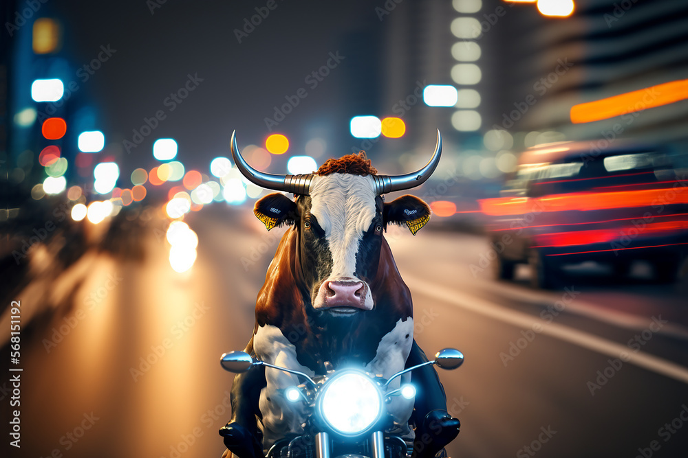 cow on a motorcycle is speeding through the night streets of big city ...