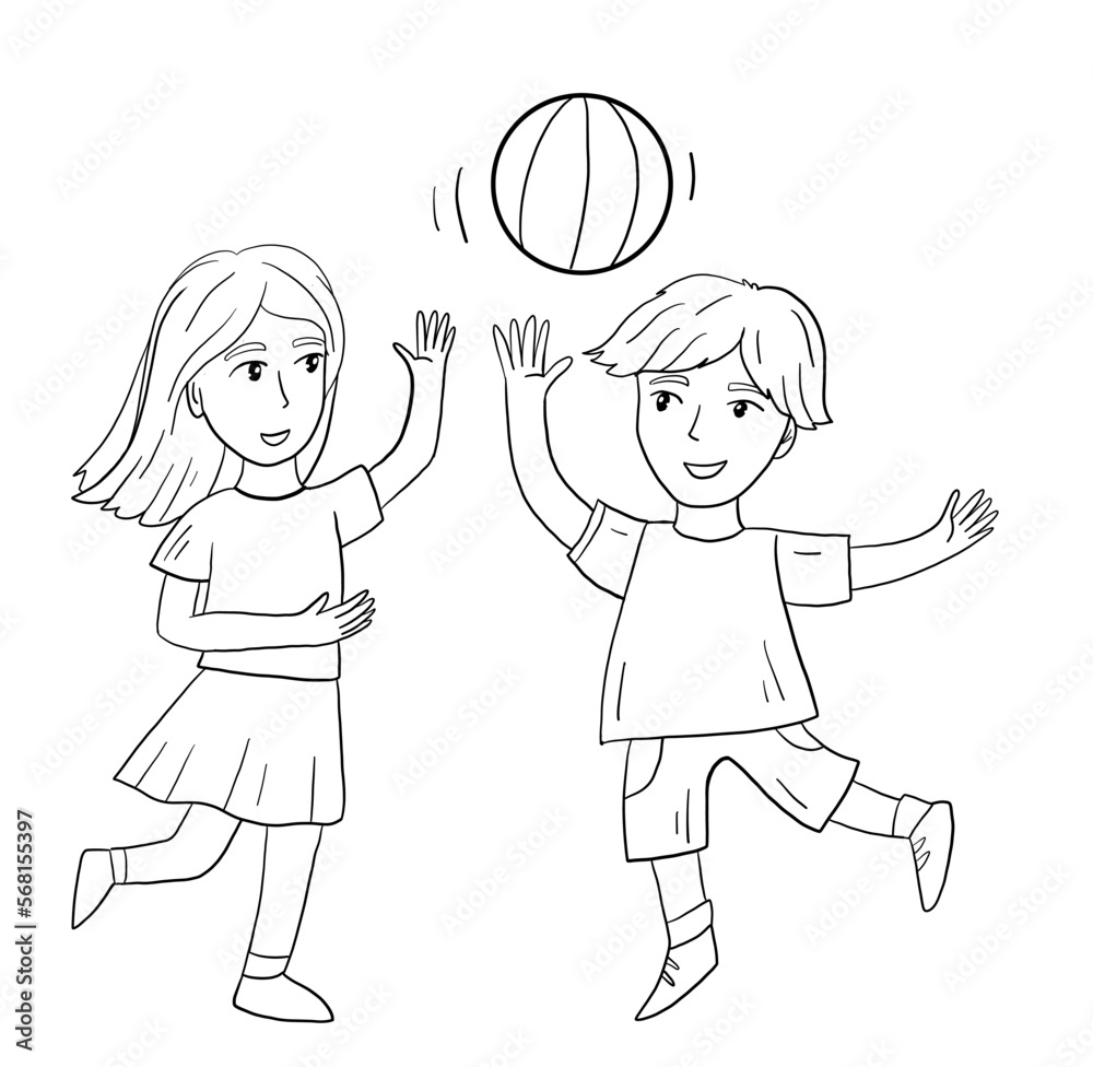 Hand drawn outline vector set with cartoon children playing ball, cute ...