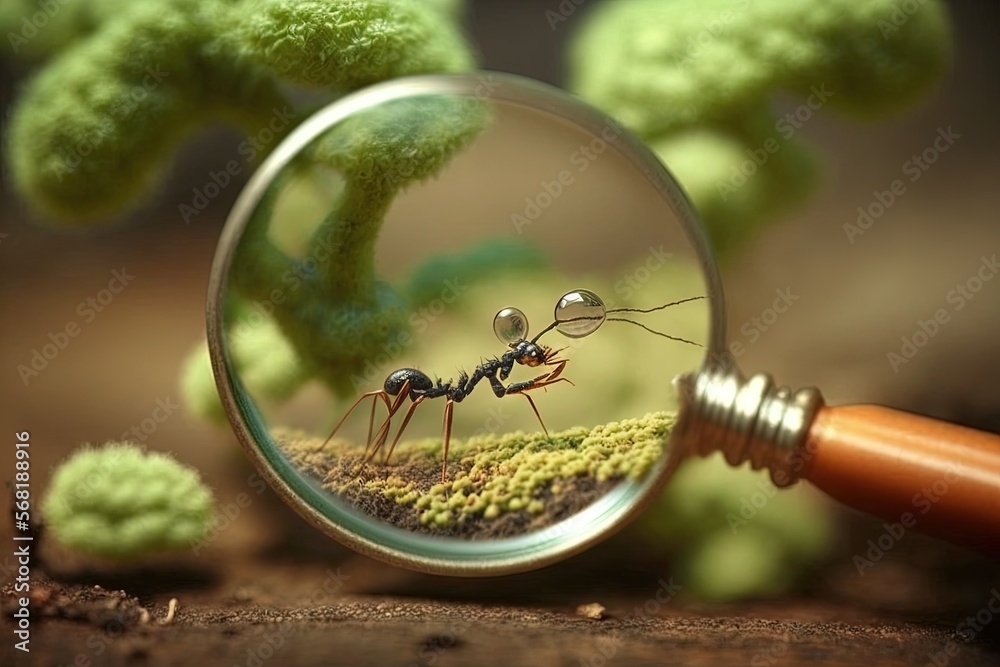 a magnifying glass with two ants inside of it on top of a moss covered ...