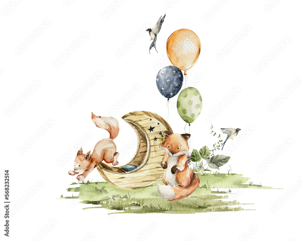 Watercolor nursery card. Hand painted woodland set of cute baby animals ...