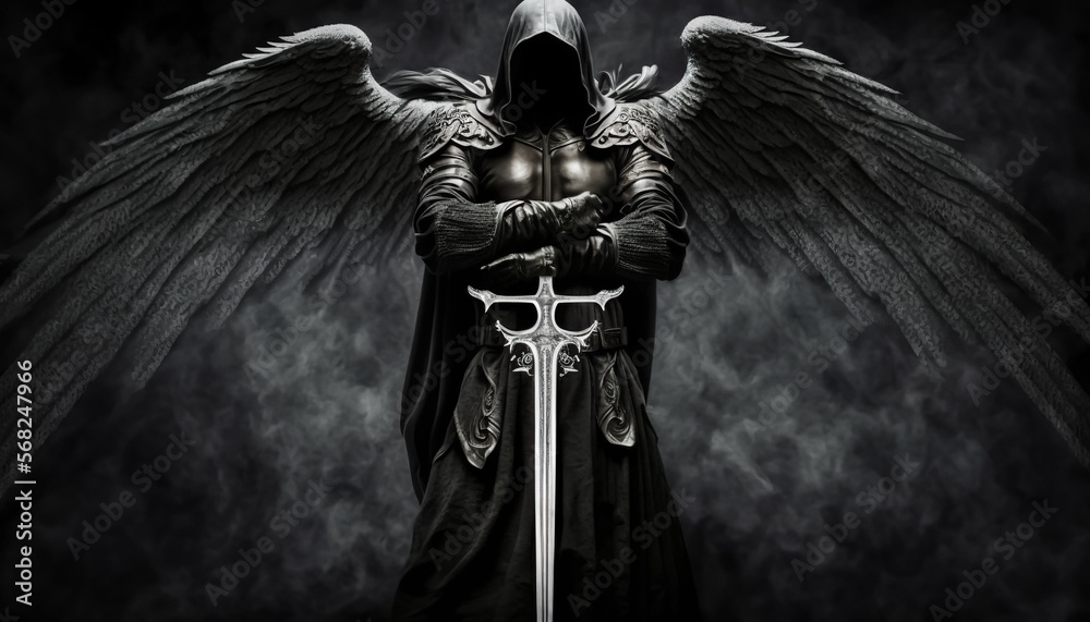 Dark warrior angel with medieval sword. fantasy background. digital ai art Stock Illustration ...