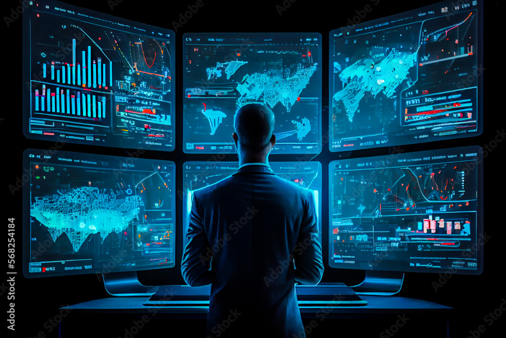 Man monitoring a live data feed on a wall of computer monitors Stock ...