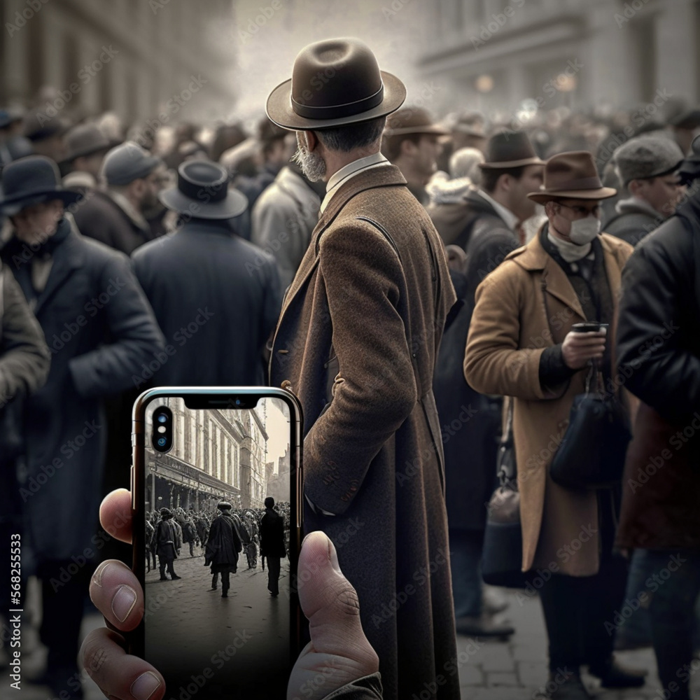 A photo depicts a time traveler, standing out in a crowd of people ...